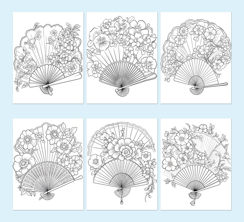 Japonese Fans Flowers Coloring Book Kids Adult Asian Floral Coloriage ...