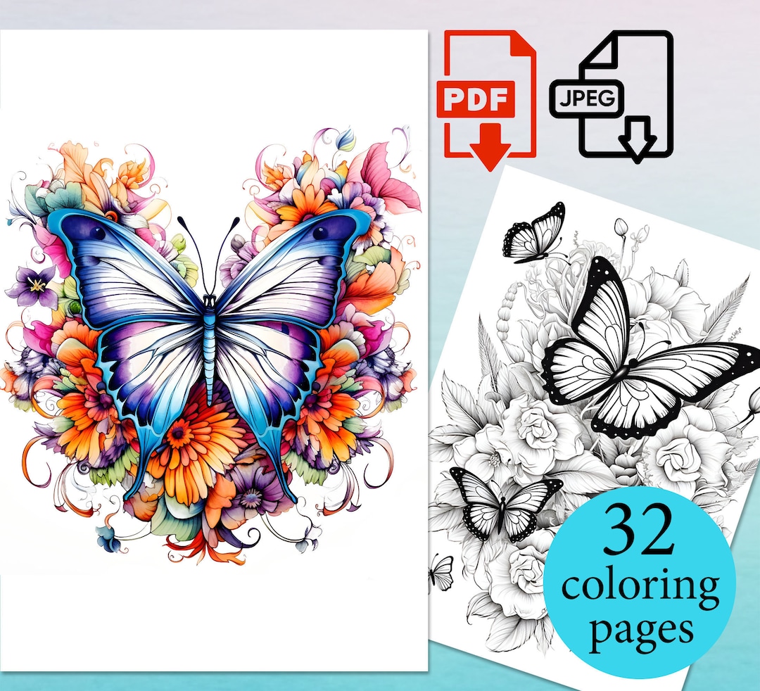 Butterfly Coloring Book Adults Kids Instant Download Printable PDF JPEG ...
