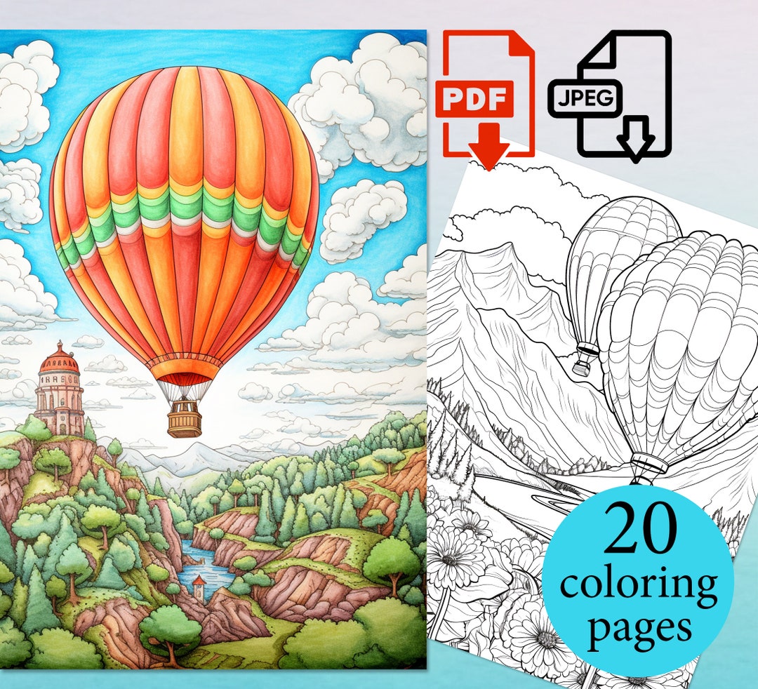 Hot Air Balloon in Landscape Coloring Pages Book Botanical Adult ...