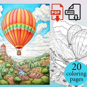 Hot Air Balloon in Landscape Coloring Pages Book Botanical Adult ...