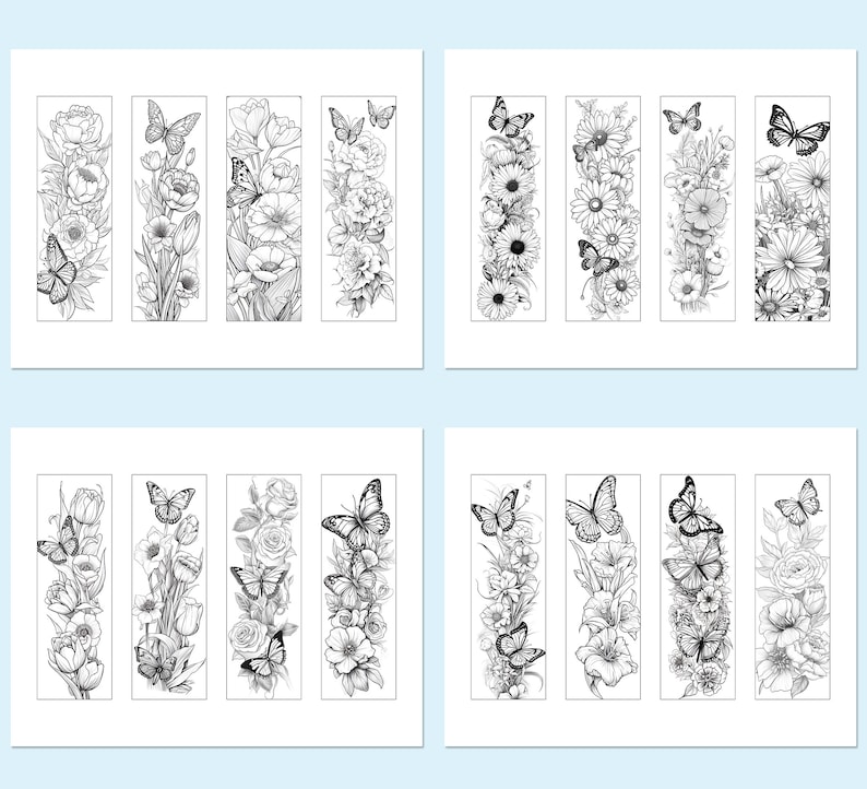 Flowers Butterflys Printable Coloring Bookmarks Adult Digital Download ...