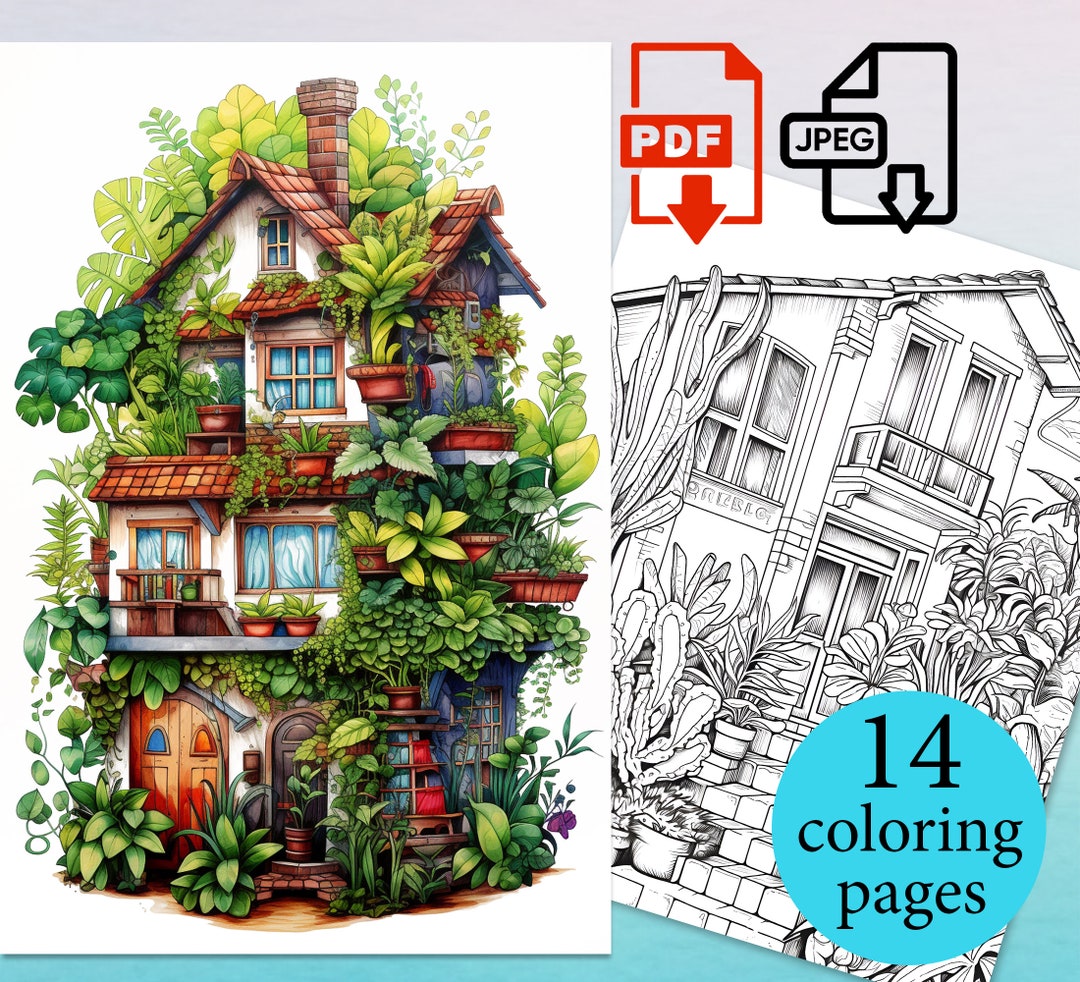 House With Plants Coloring Pages Book Botanical Adult Activity Kids ...