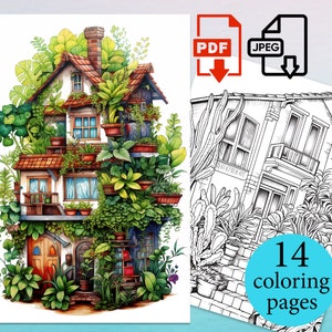 House With Plants Coloring Pages Book Botanical Adult Activity Kids ...