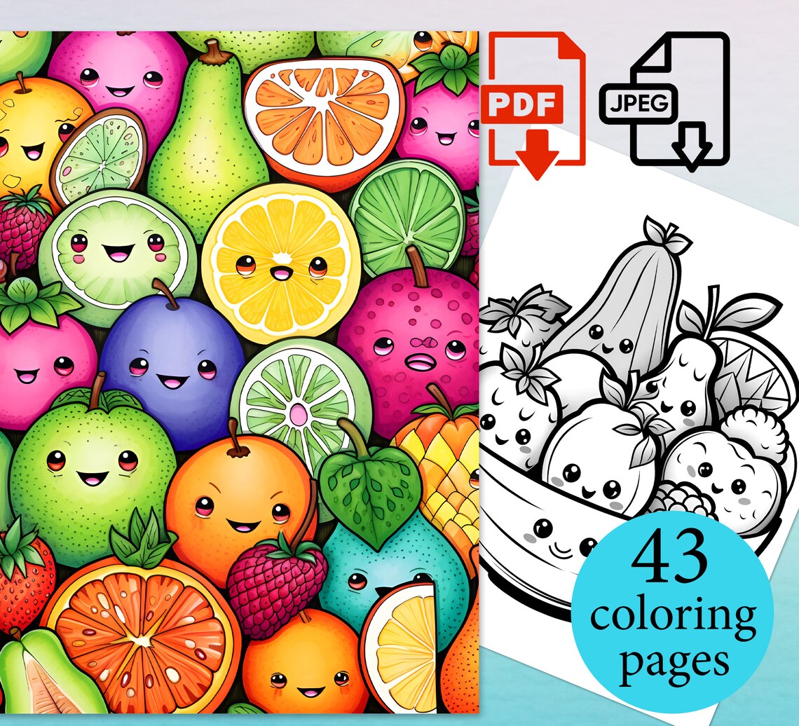Kawaii Fruits Coloring Book Kids Activity Pages Toddler Sheets Instant ...
