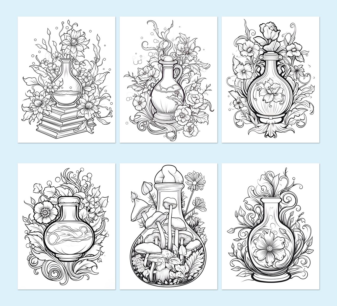 Flowers Fantasy Potion Bottles Coloring Book Magic Floral Pages Adults ...