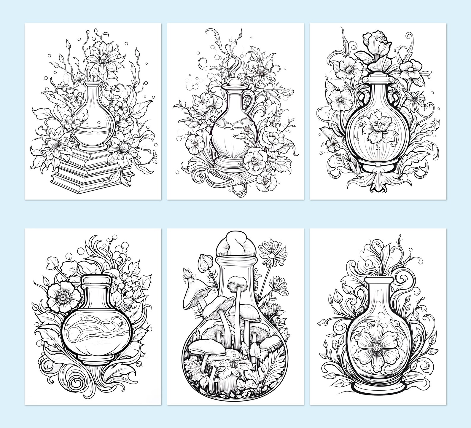 Flowers Fantasy Potion Bottles Coloring Book Magic Floral Pages Adults ...