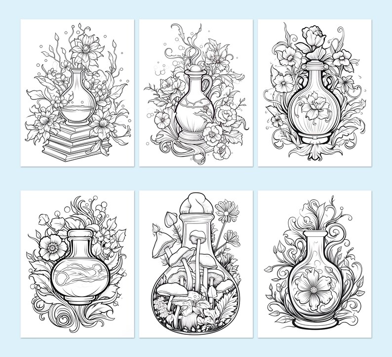 Flowers Fantasy Potion Bottles Coloring Book Magic Floral Pages Adults ...