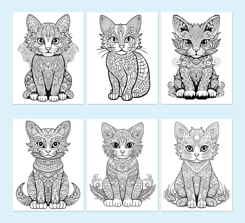 Cats Mandala Coloring Pages Adults Activity Pages Kids Sheets Relax ...