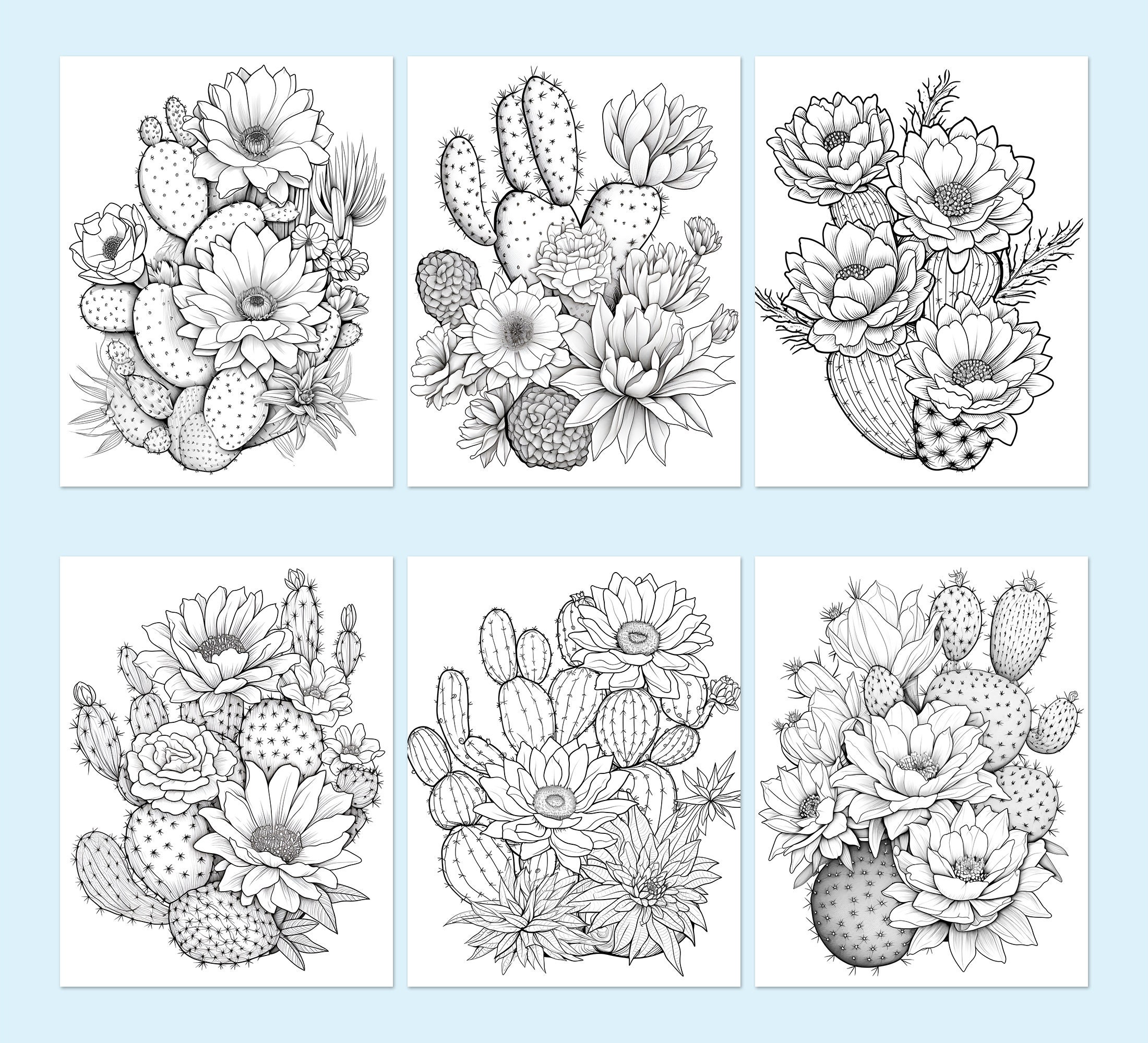 Floral Cactus Coloring Book Flowers Coloriage Pages Kids Adult Digital ...