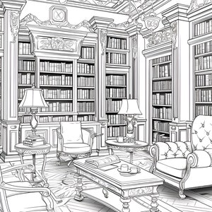 Library Room Interior Design Coloring Pages Adult Activity Kids Books ...