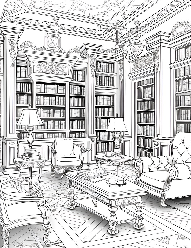 Library Room Interior Design Coloring Pages Adult Activity Kids Books ...