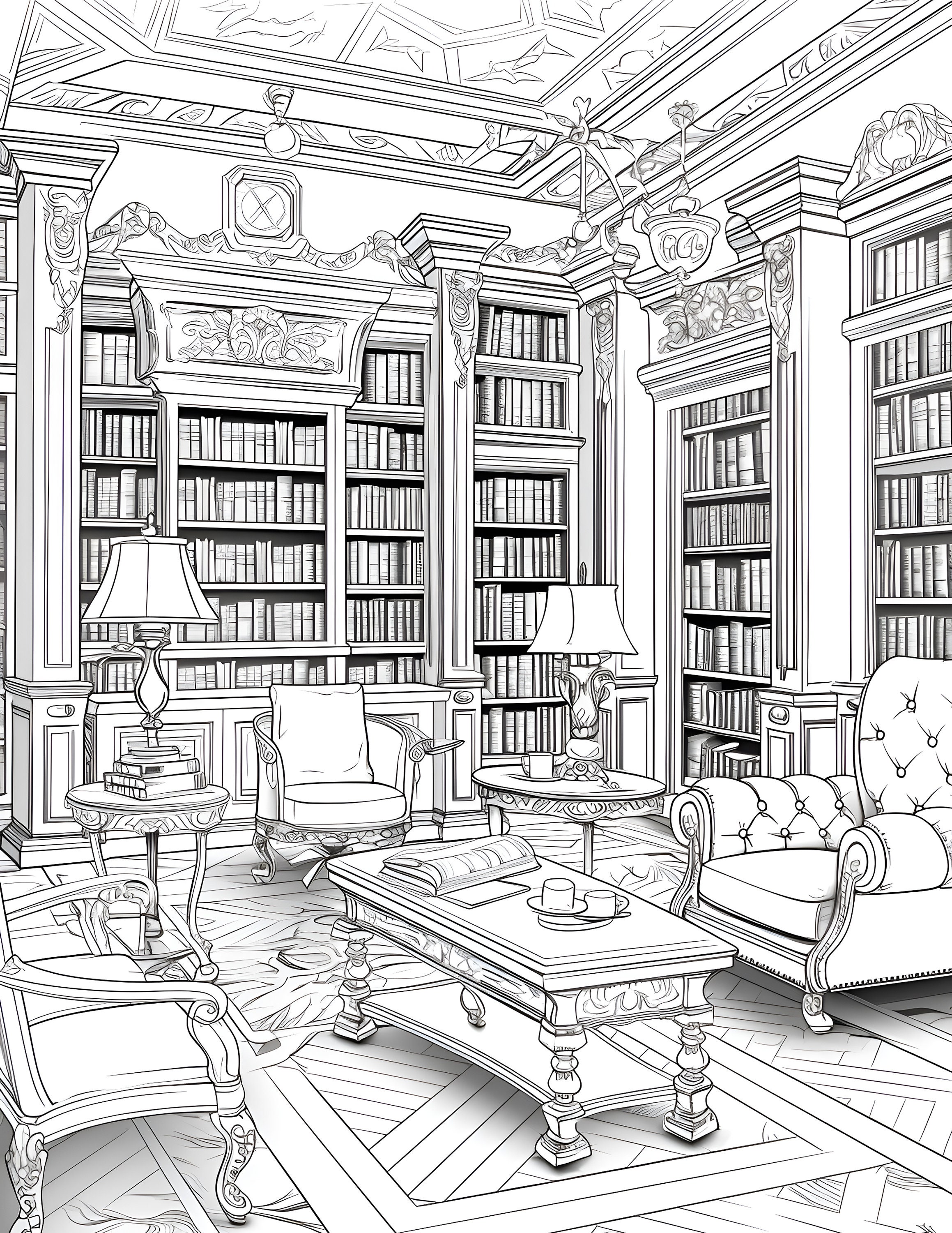 Library Room Interior Design Coloring Pages Adult Activity Kids Books ...