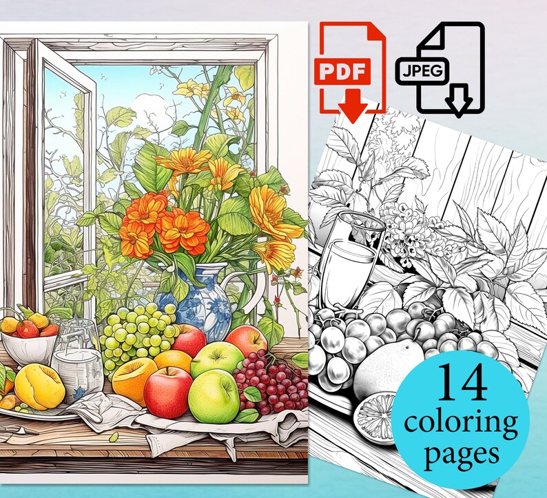 Still Life Window Coloring Pages Adult Activity Kids Books Sheets ...