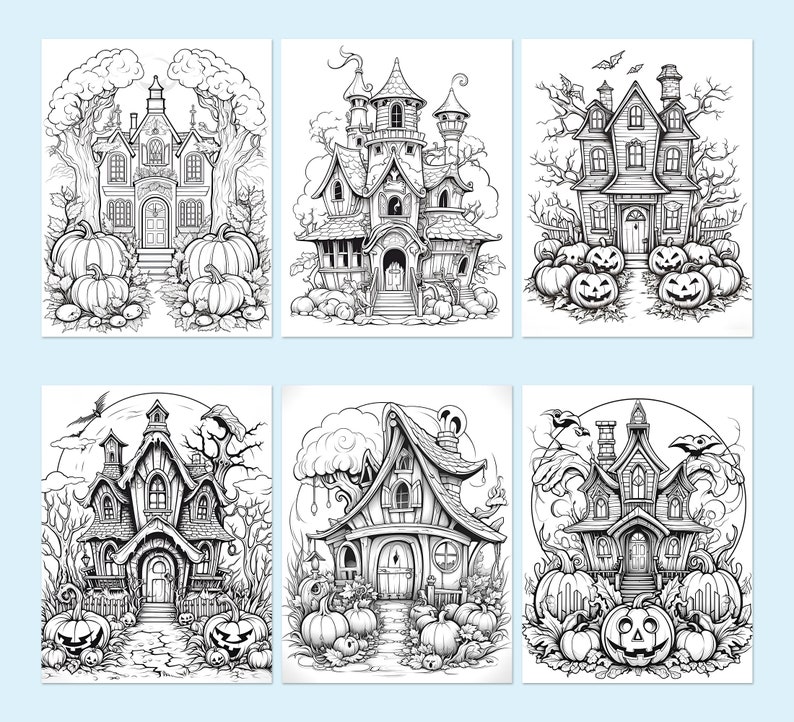 Halloween House Pumkins Coloring Book Adults Digital Page Kids Fantasy ...