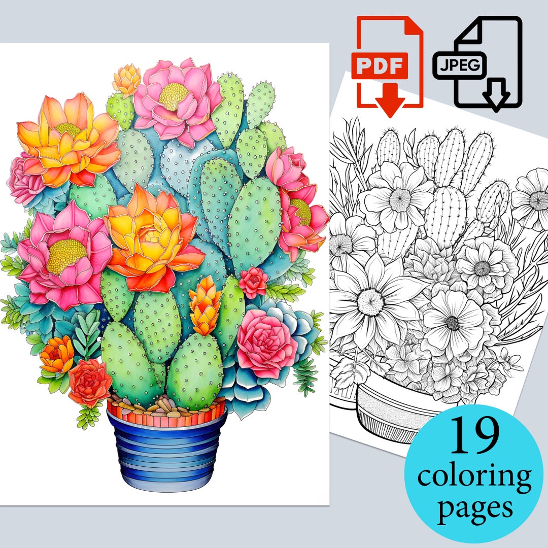 Flowers Cactus Printable Coloring Book Floral Pages Botanical Kids ...