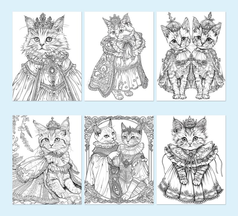 Royal Cats Dressed Coloring Book Adults Kids Pages Digital Coloriage ...
