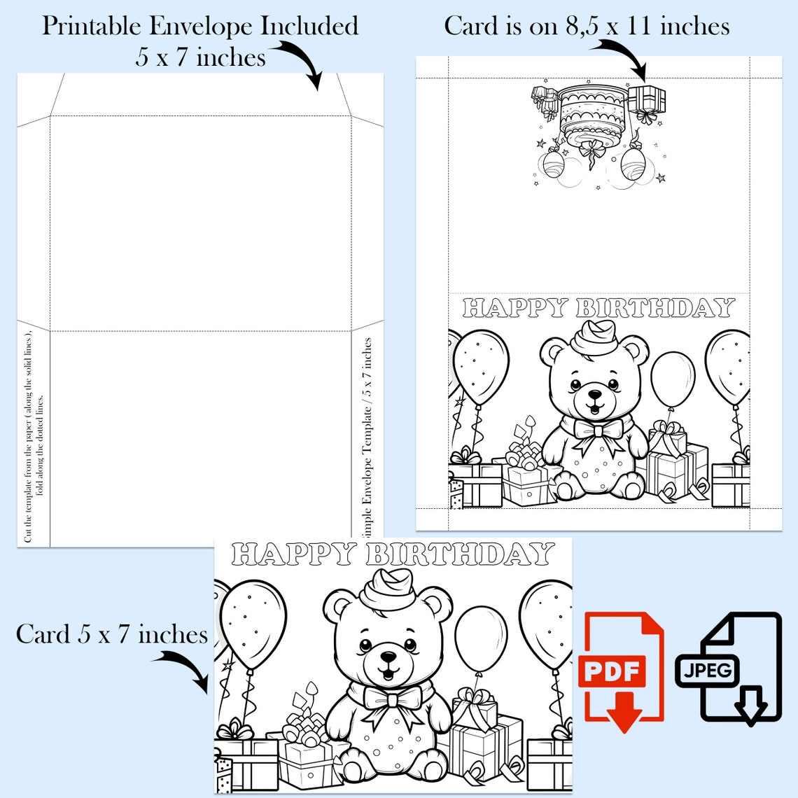 Teddy Birthday Cards Coloring Page Kids Happy Bday Printable - Etsy
