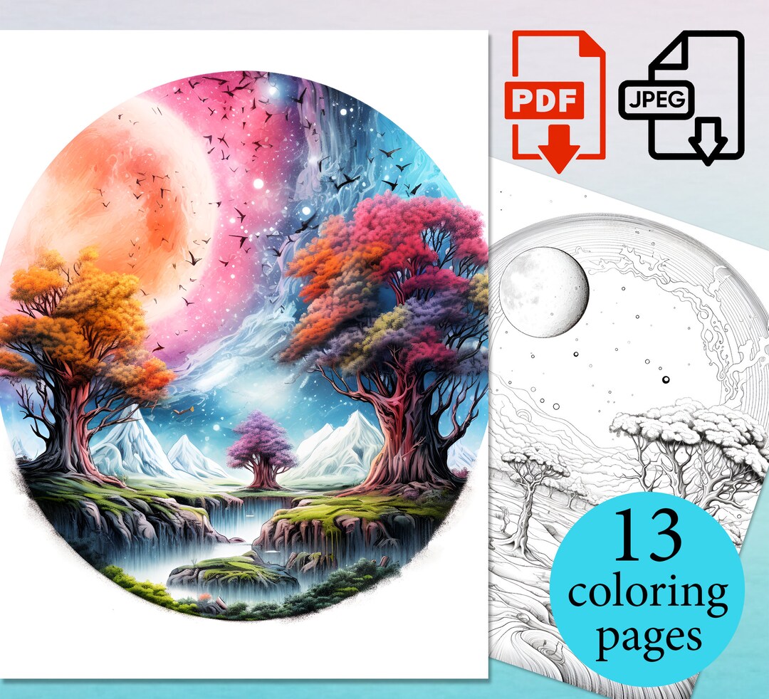 Galactic Landscape Coloring Book Fantasy Spaces Art Kids Pages Adult ...