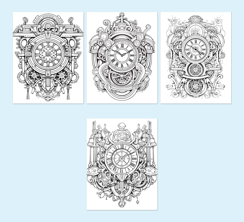 Mechanical Steampunk Mandala Clocks Coloring Book Adults Kids Pages ...