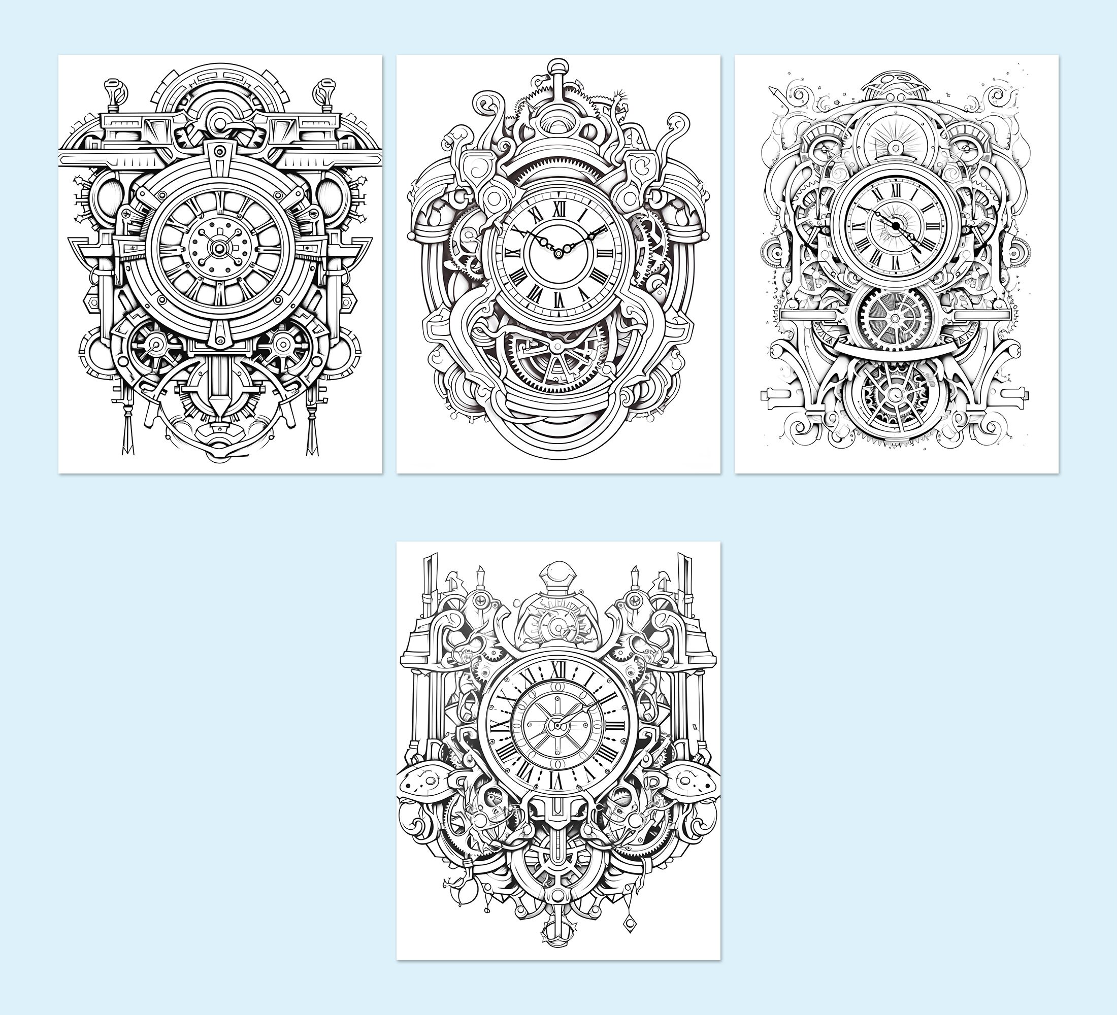 Mechanical Steampunk Mandala Clocks Coloring Book Adults Kids Pages ...