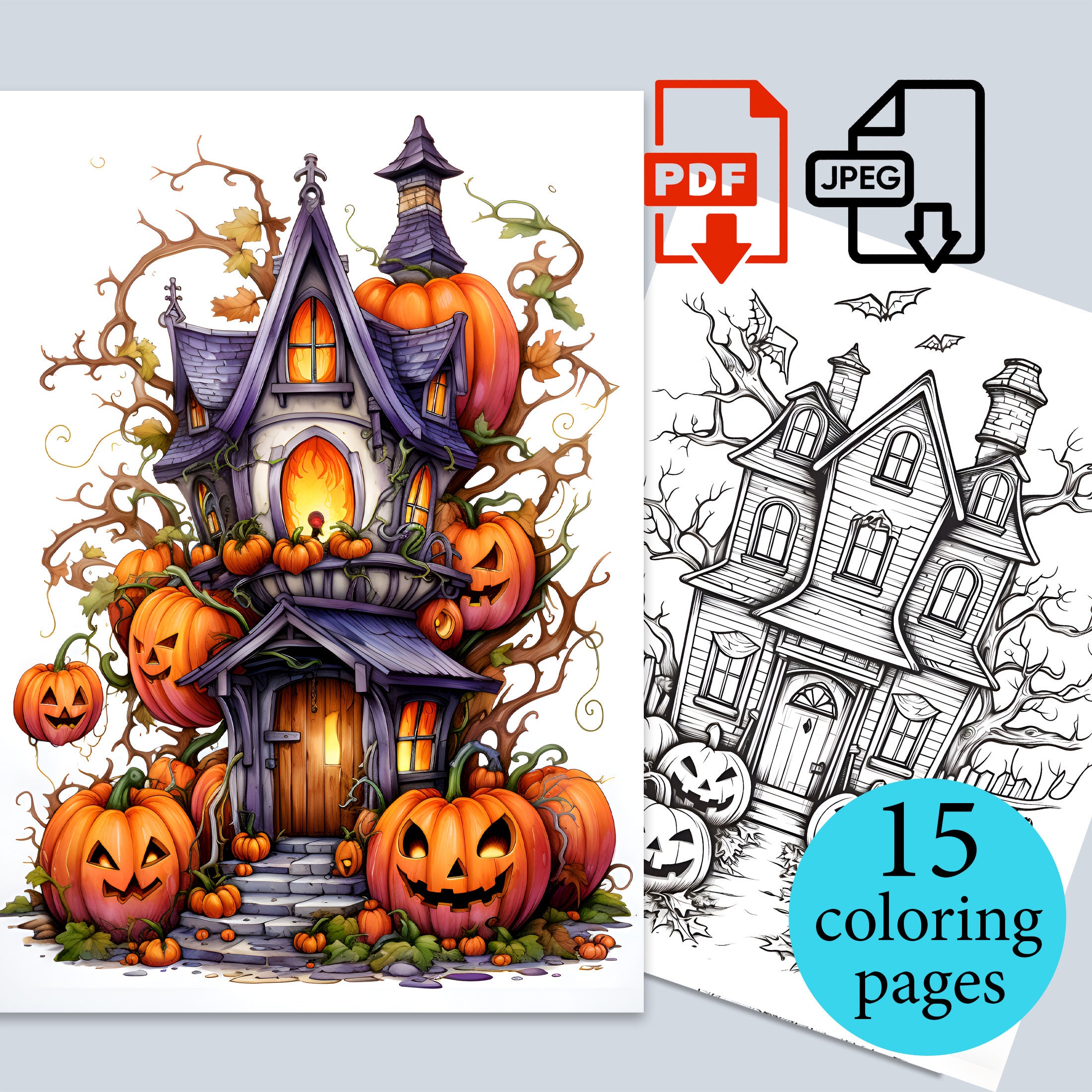 Halloween House Pumkins Coloring Book Adults Digital Page Kids Fantasy ...