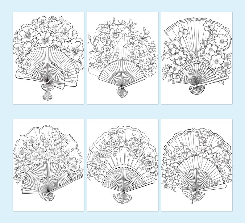 Japonese Fans Flowers Coloring Book Kids Adult Asian Floral Coloriage ...