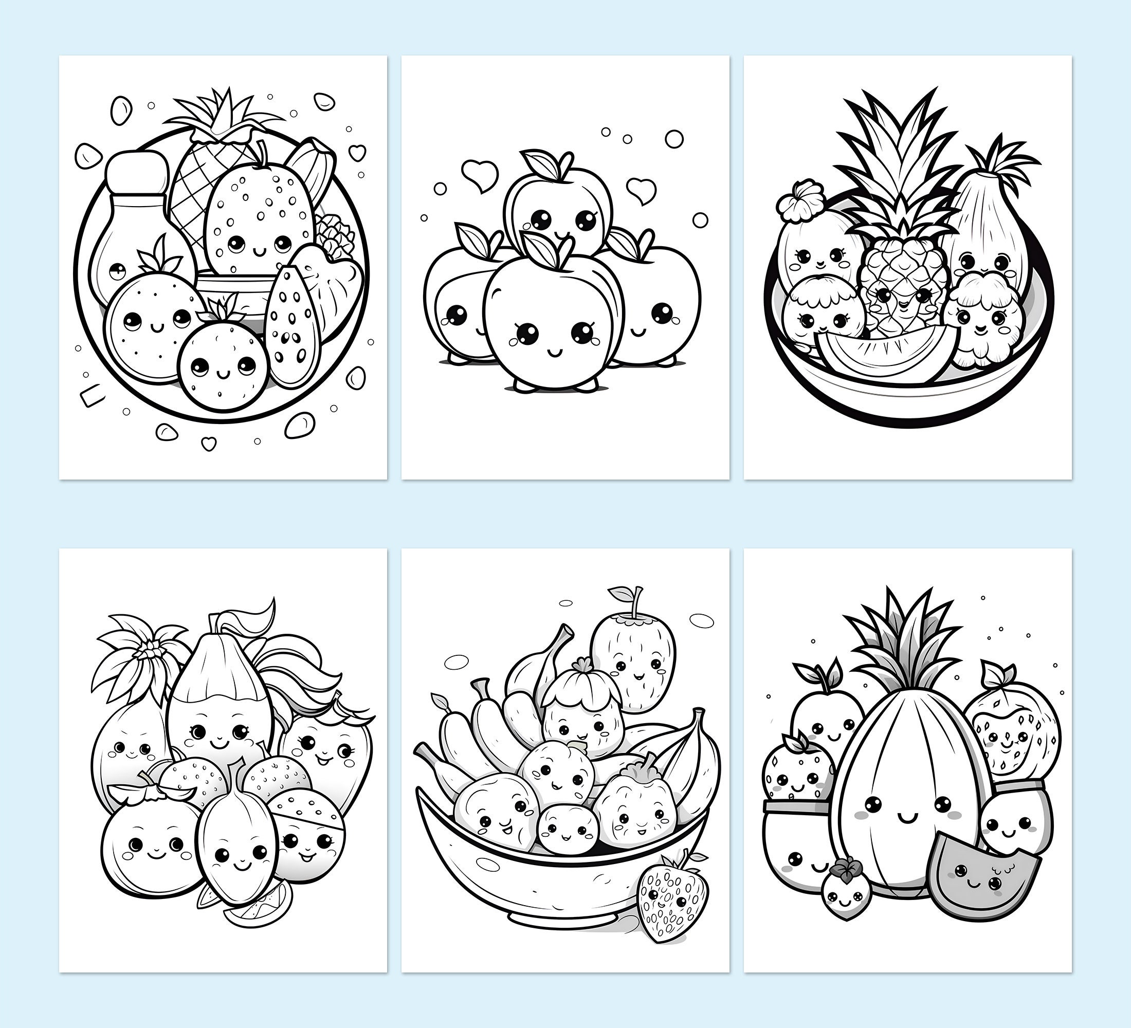 Kawaii Fruits Coloring Book Kids Activity Pages Toddler Sheets Instant ...
