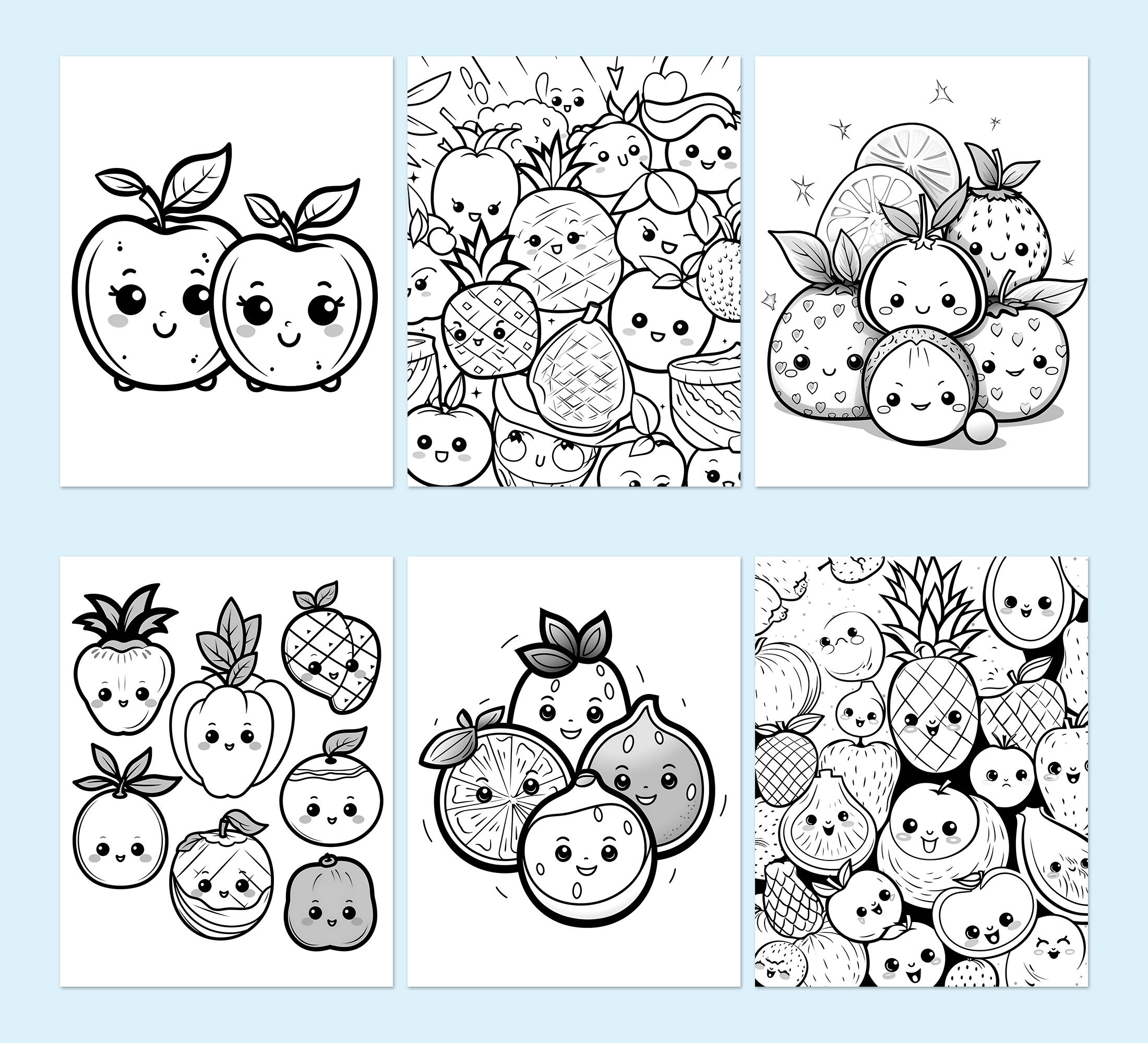 Kawaii Fruits Coloring Book Kids Activity Pages Toddler Sheets Instant ...