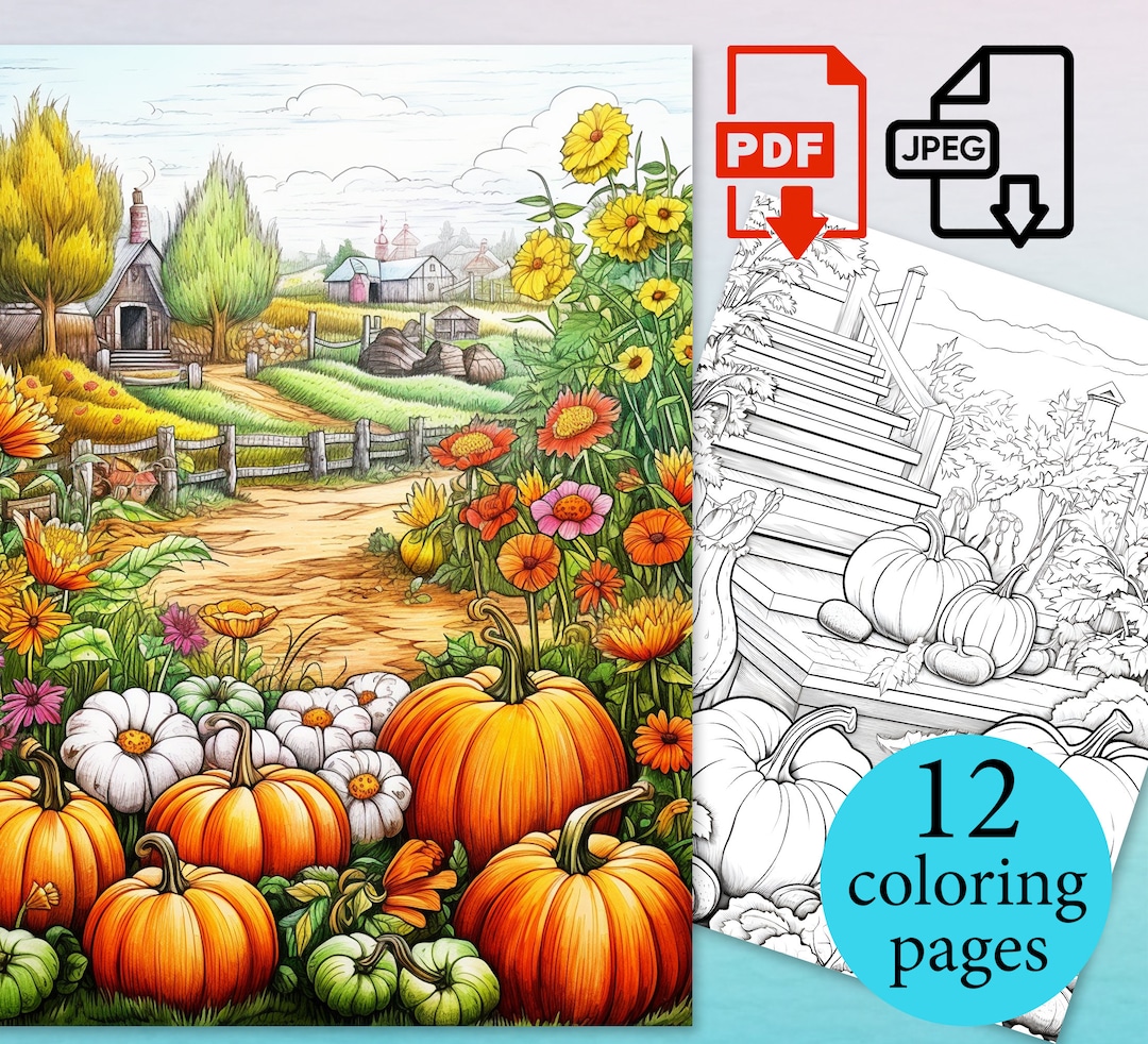 Pumpkin Landscape Coloring Pages Kids Autumn Book Adult Activity ...
