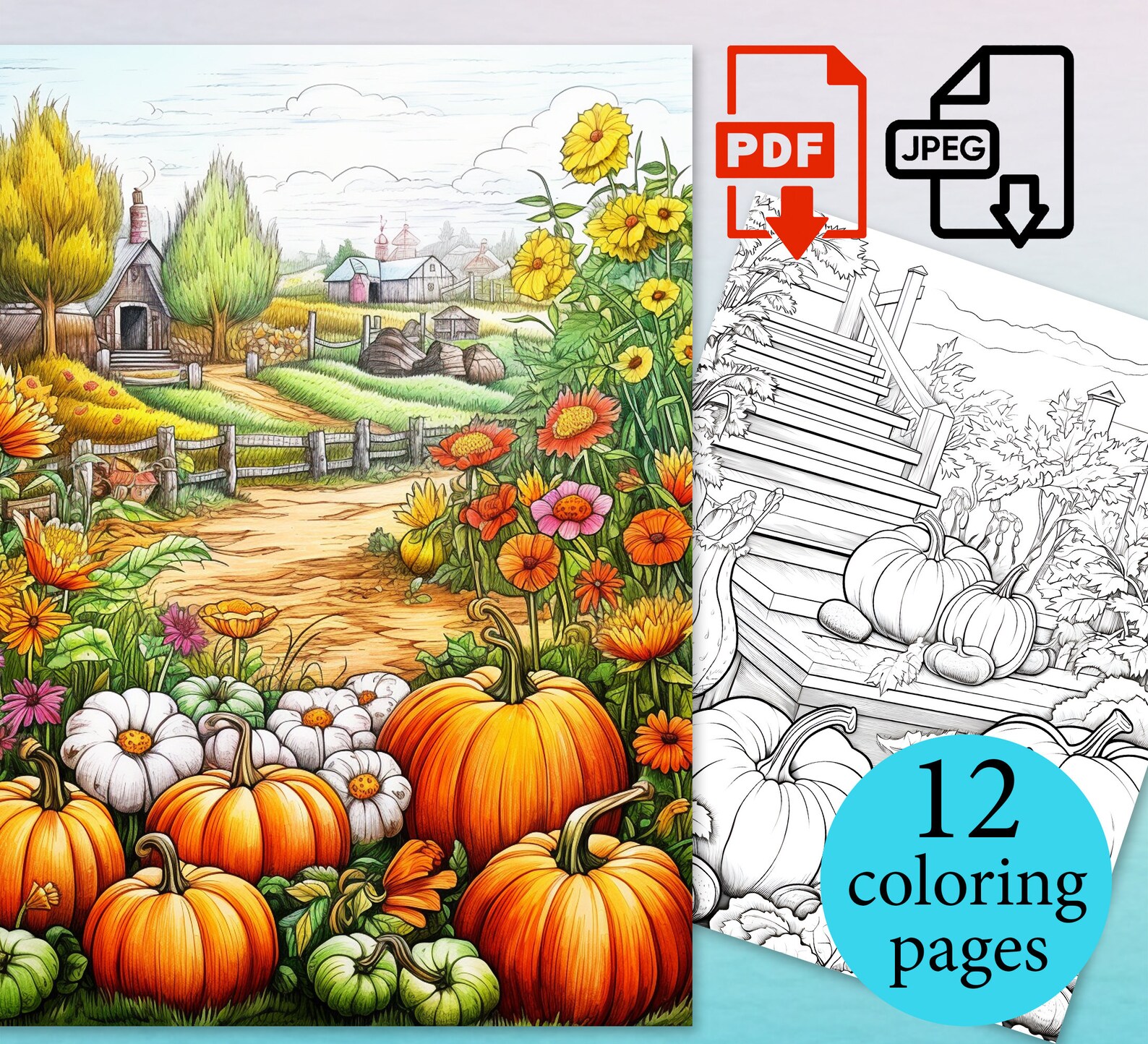 Pumpkin Landscape Coloring Pages Kids Autumn Book Adult Activity ...