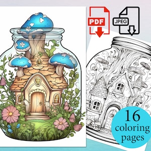 Fairy House in Jar Pages Coloring Book Bottle Adults Kids Activity ...