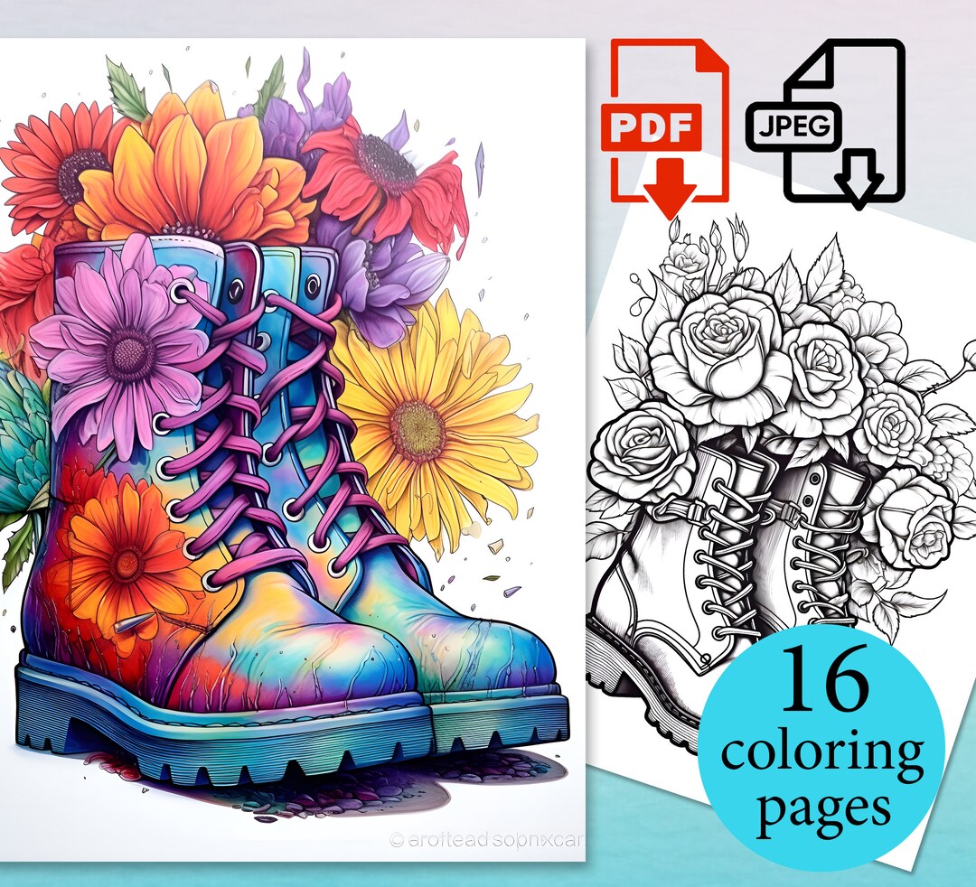 Blooming Boots Coloring Book Flowers Pages Adults Kids Floral Digital ...