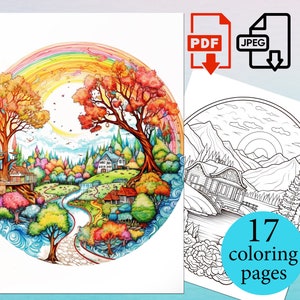 Landscape in Circle Coloring Book Nature in Round Pages Adults Kids ...