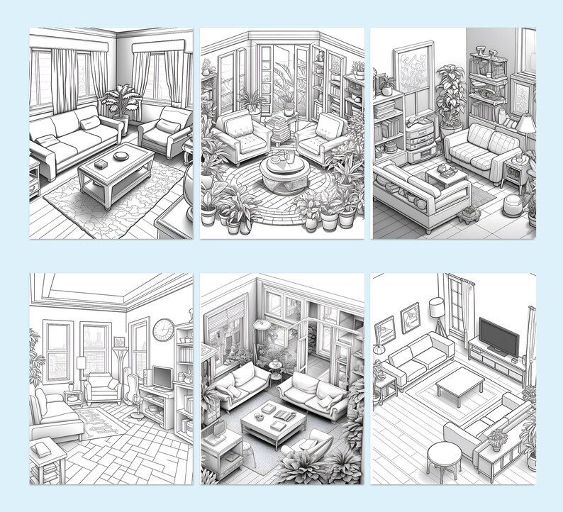 Isometric Room Interior Coloring Pages Adult Kids Digital Books Living ...