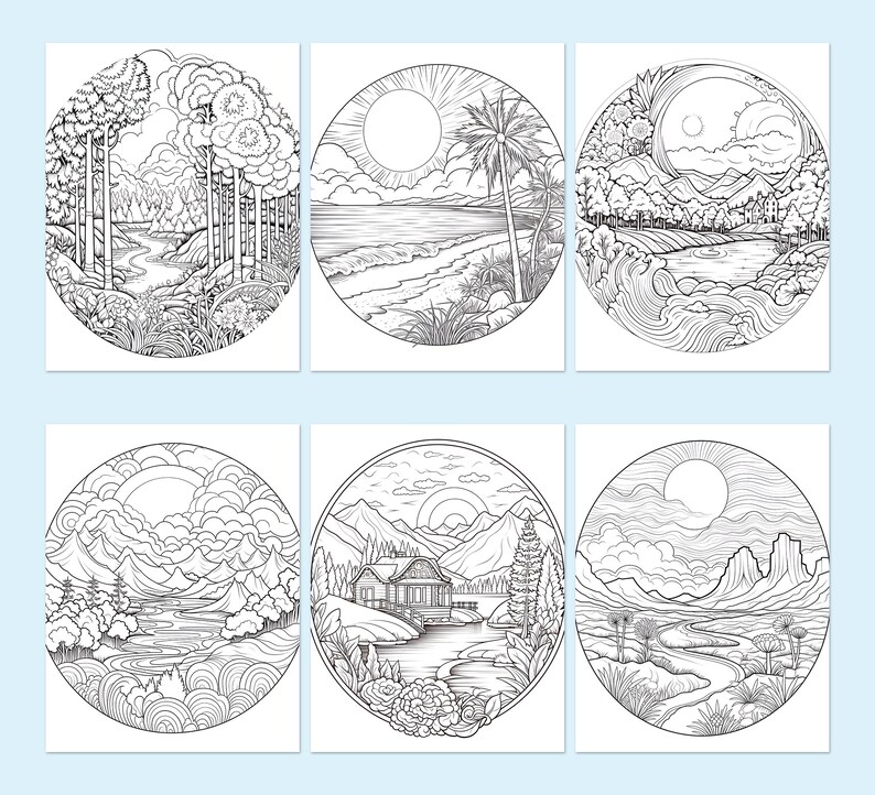 Landscape in Circle Coloring Book Nature in Round Pages Adults Kids ...