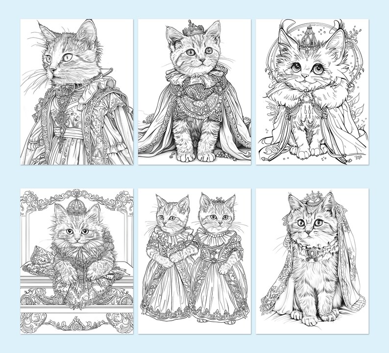 Royal Cats Dressed Coloring Book Adults Kids Pages Digital Coloriage ...