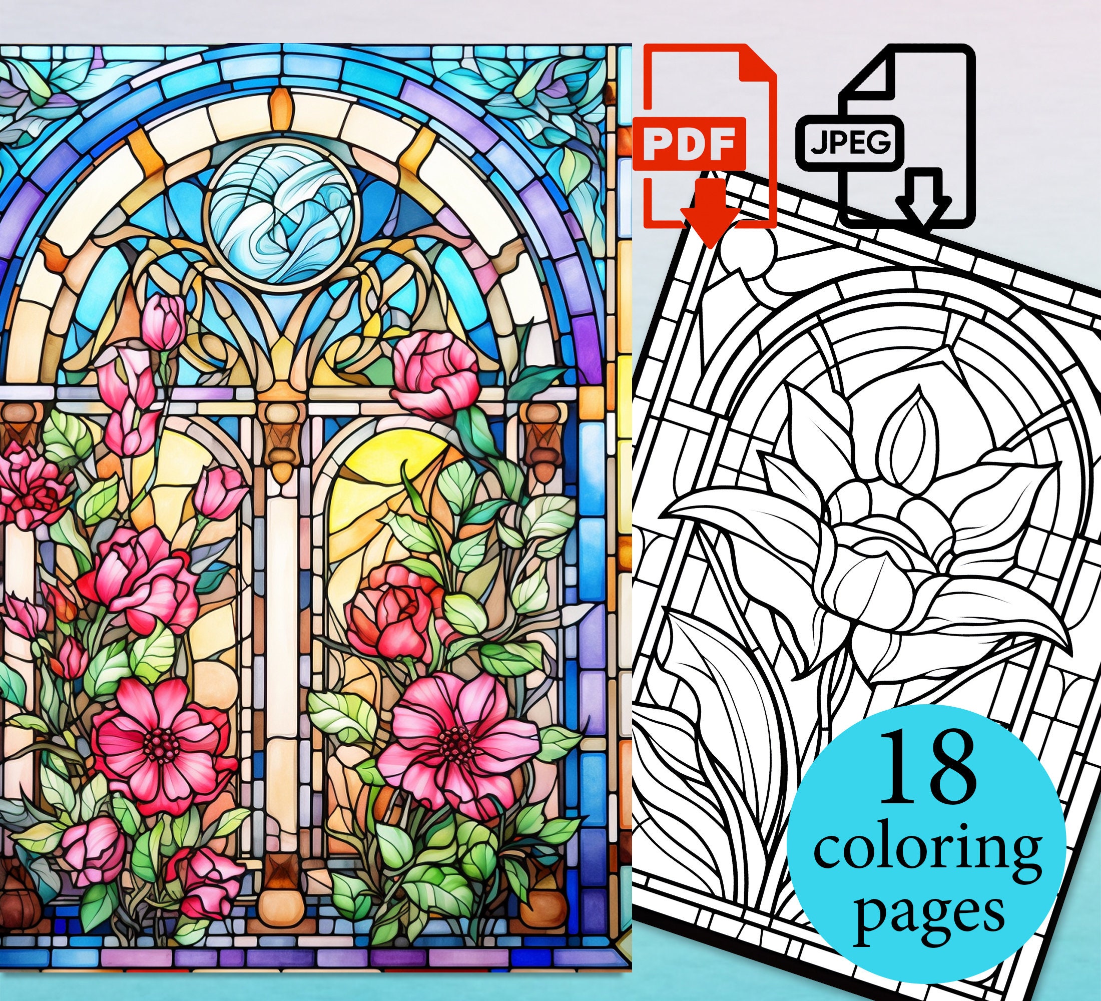 Flowers Stained Glass Window Floral Coloring Pages Adult Activity Kids ...