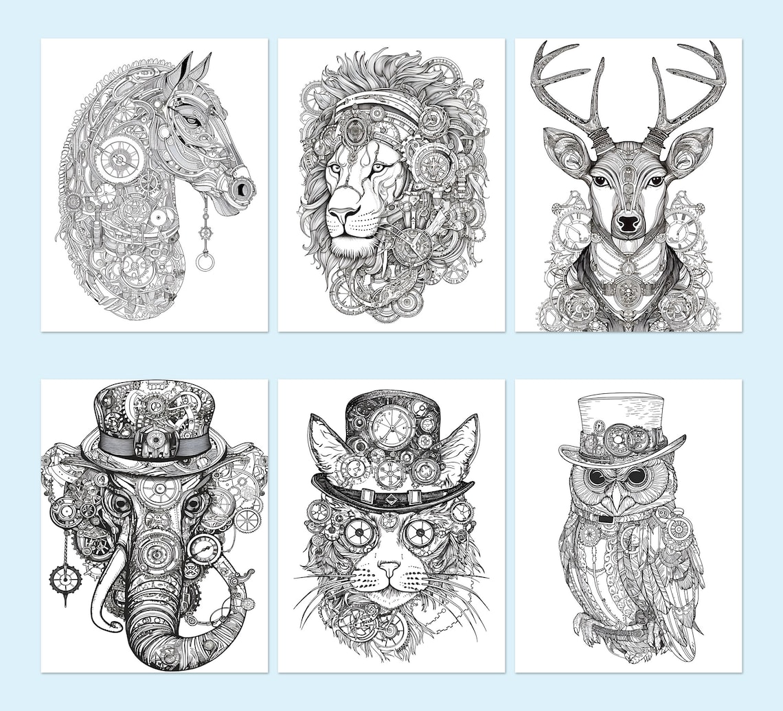 Mechanical Steampunk Animals Coloring Book Coloriage Sheets Adults Kids ...