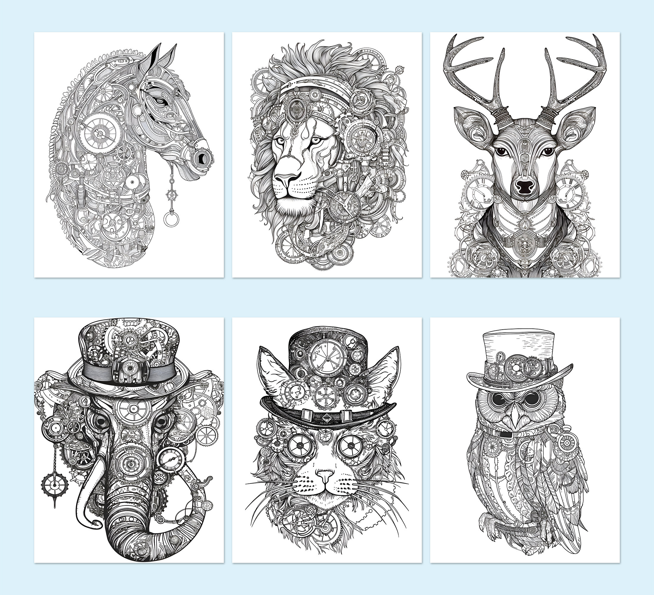 Mechanical Steampunk Animals Coloring Book Coloriage Sheets Adults Kids ...