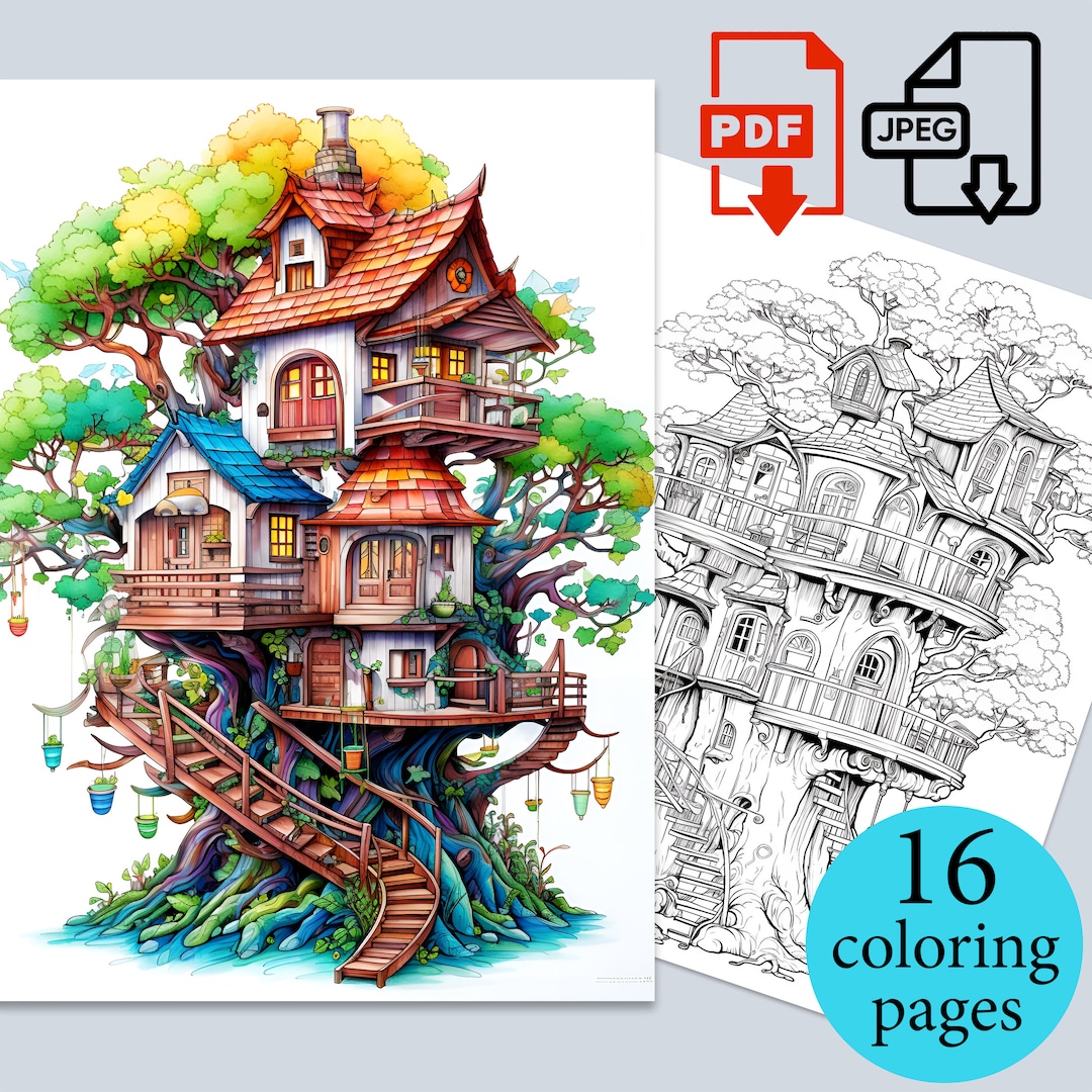 Treehouse Coloring Book Tree House Digital Pages Adults Kids Fantasy ...