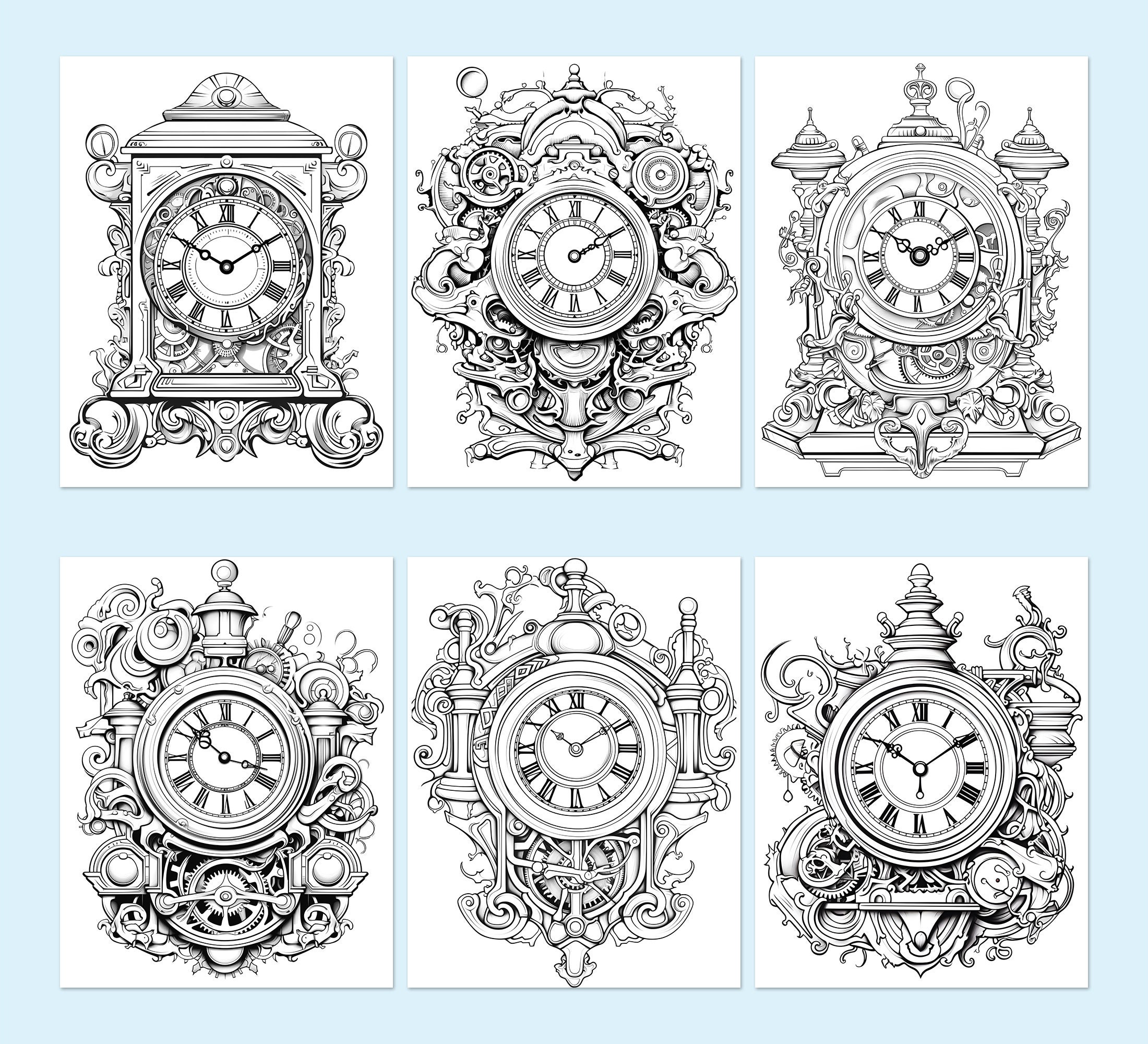 Mechanical Steampunk Mandala Clocks Coloring Book Adults Kids Pages ...