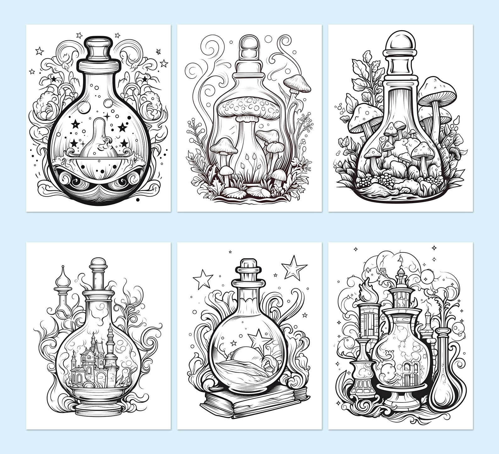 Mystical Magic Fantasy Potion Bottles Coloring Book Magic Pages Adults ...