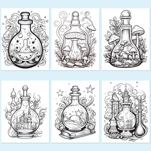 Mystical Magic Fantasy Potion Bottles Coloring Book Magic Pages Adults ...