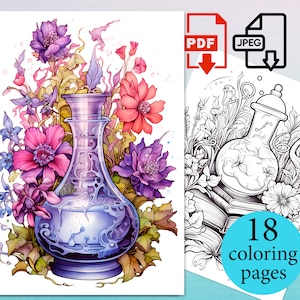 Flowers Fantasy Potion Bottles Coloring Book Magic Floral Pages Adults ...