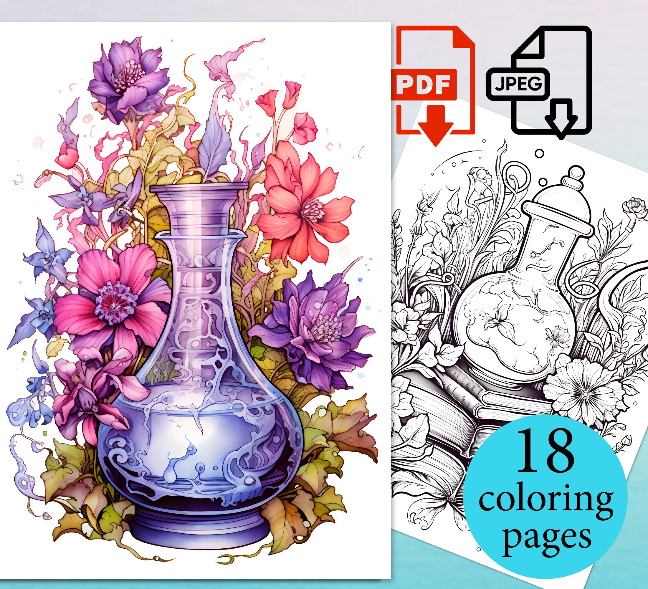 Flowers Fantasy Potion Bottles Coloring Book Magic Floral Pages Adults ...
