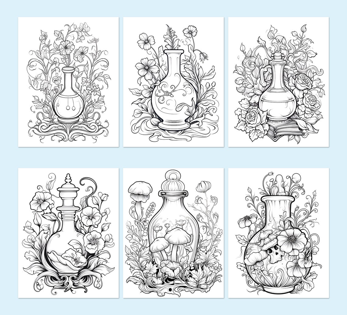 Flowers Fantasy Potion Bottles Coloring Book Magic Floral Pages Adults ...