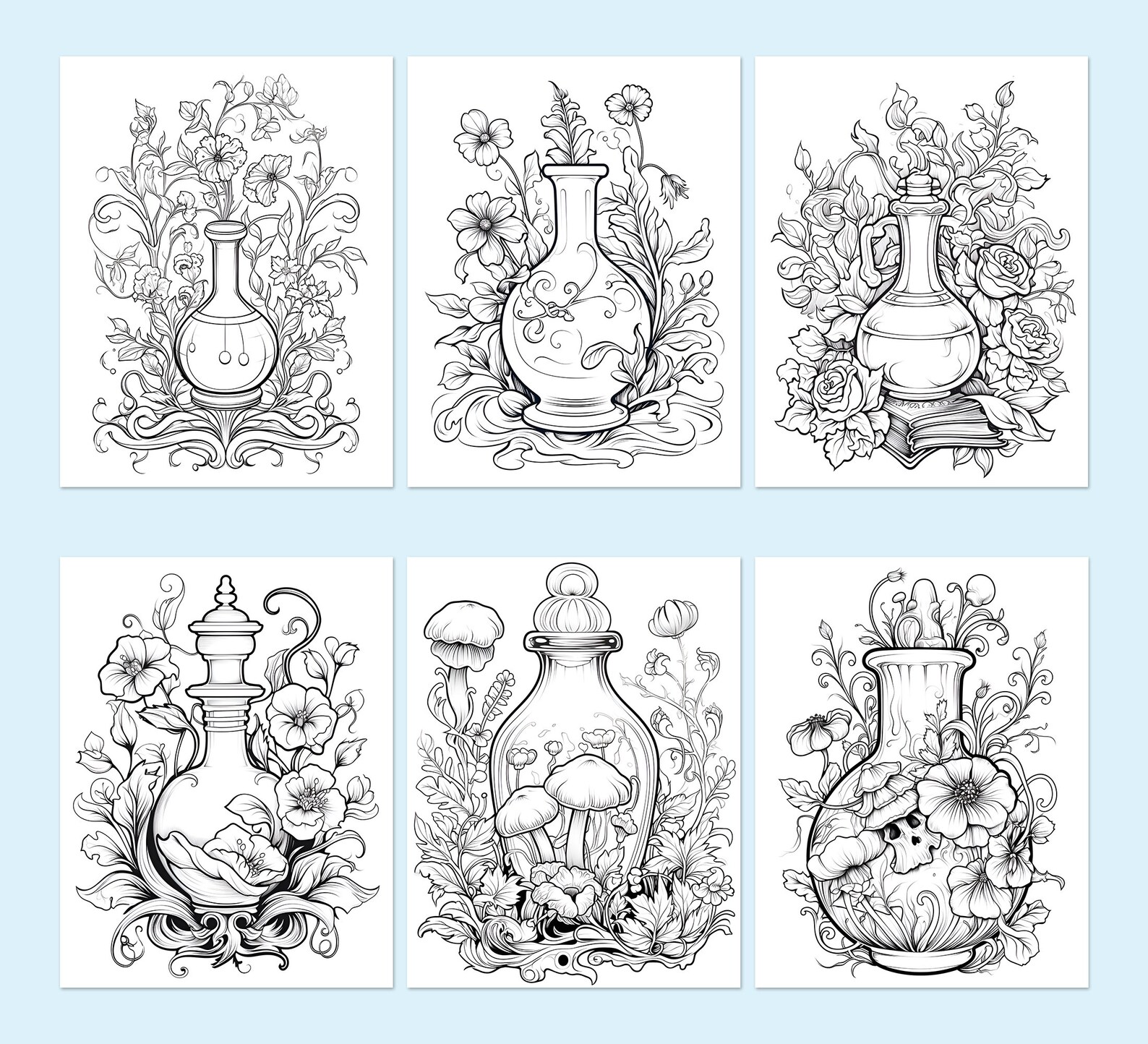 Flowers Fantasy Potion Bottles Coloring Book Magic Floral Pages Adults ...