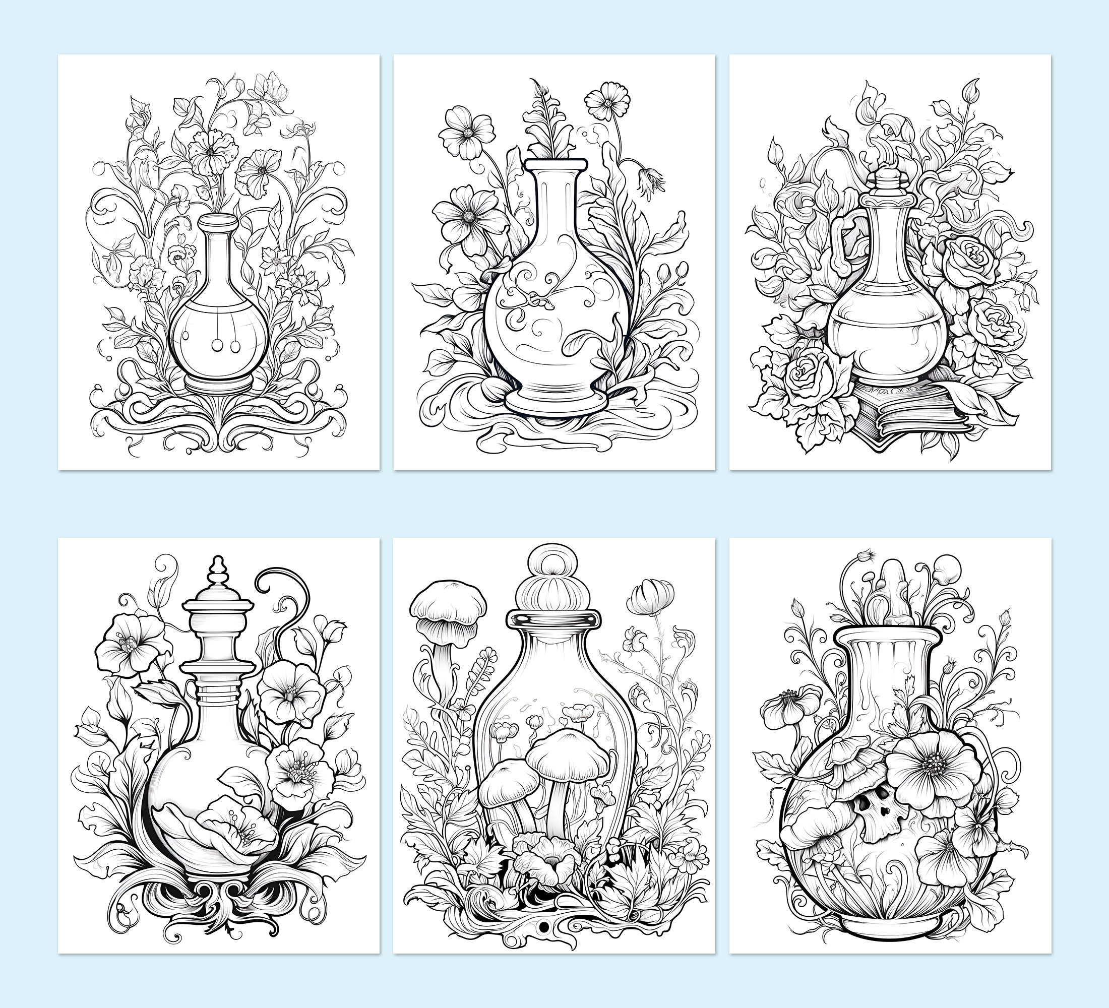 Flowers Fantasy Potion Bottles Coloring Book Magic Floral Pages Adults ...