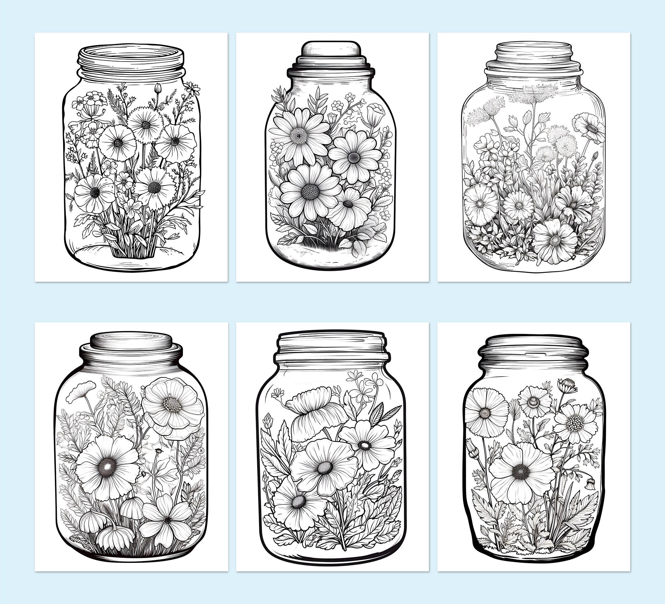 Flowers in Jar Coloring Book Nature in Bottle Pages Adults Kids ...