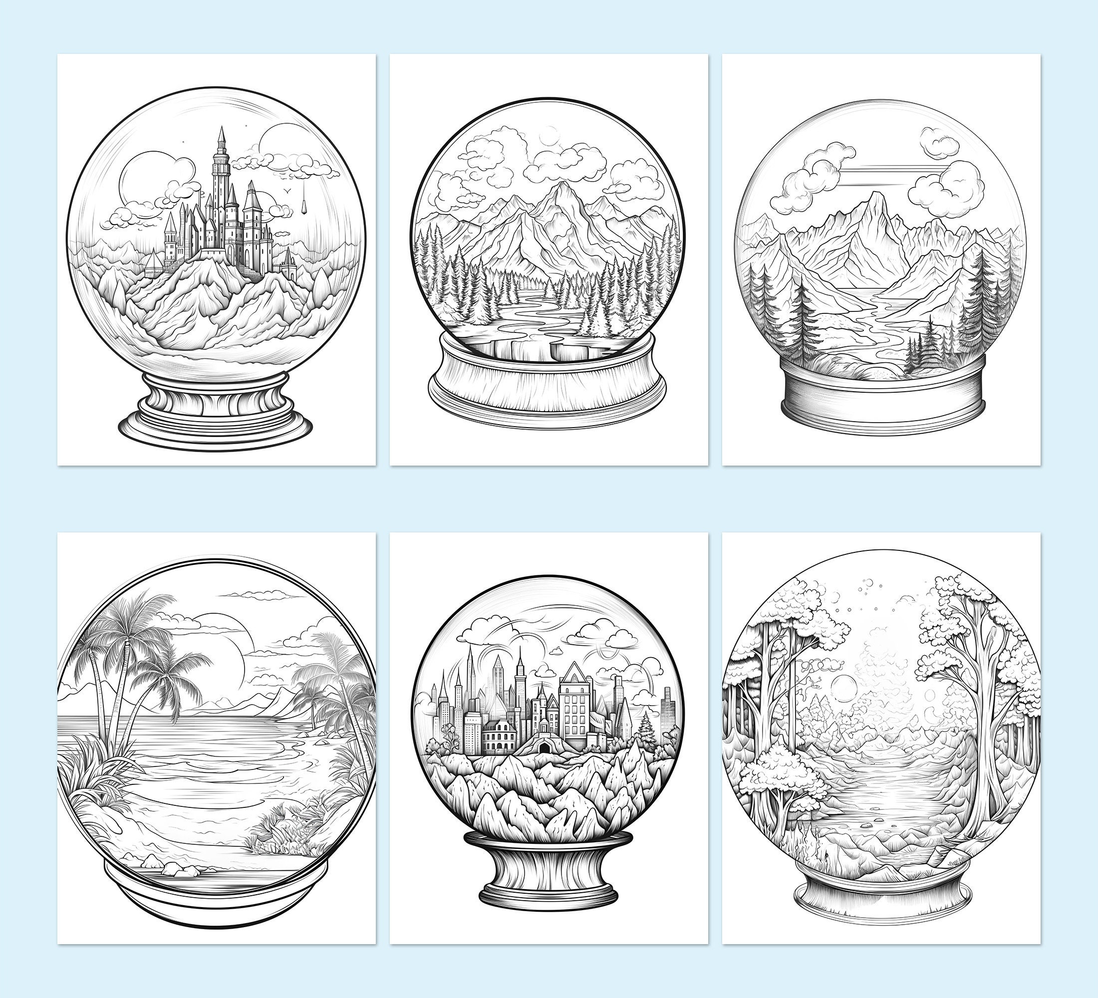 Landscape in Crystal Ball Coloring Book Nature Pages for Adults Kids ...